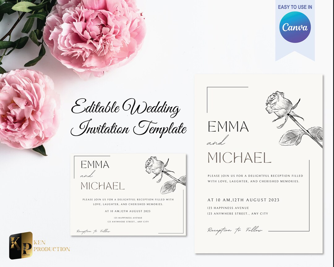 Hand Drawn Rose Wedding Invitation Template - Etsy
