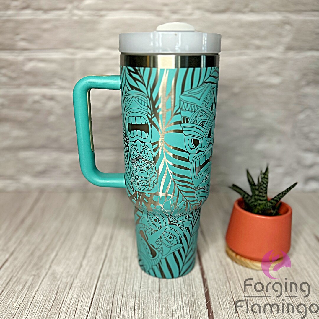 Custom Tiki Themed Laser Etched 40oz Teal Stainless Steel Insulated ...