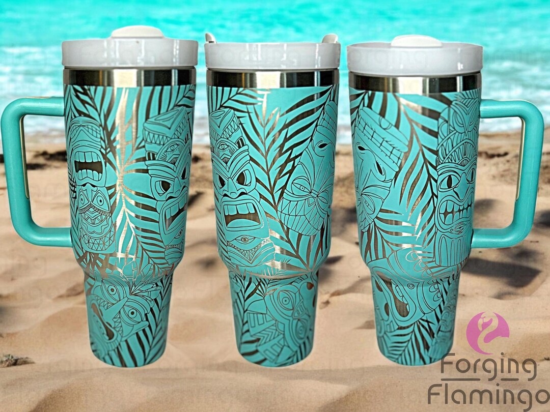 BARGAIN BIN Tiki Themed Laser Etched 40oz Teal Stainless Steel ...