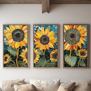 Mosaic Sunflower Triptych Wall Art Floral Mosaic Poster Three Piece ...