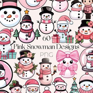 Cute Pink Snowman Clipart Pink Christmas Clipart Pastel Cute Snowman ...