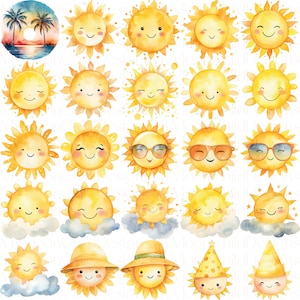 Watercolor Sun Clipart Bundle Summer PNG Nursery Clip Art Watercolor ...