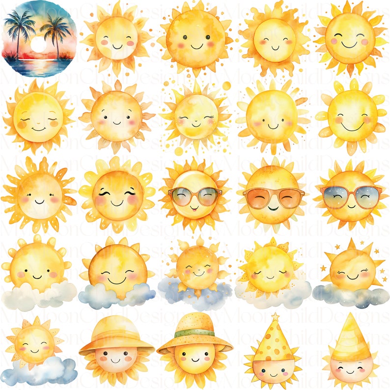 Watercolor Sun Clipart Bundle Summer PNG Nursery Clip Art Watercolor ...