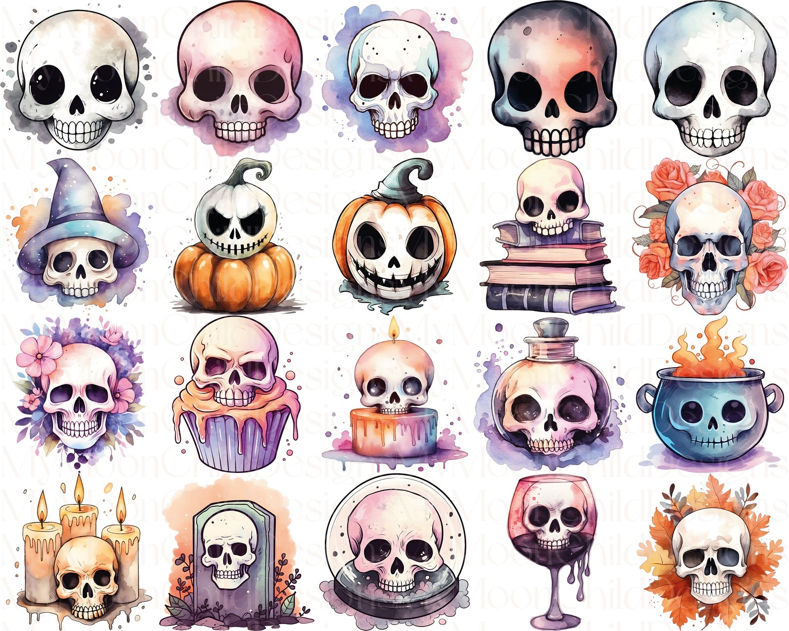 Pastel Halloween Skeleton Clipart Bundle: Watercolor Halloween PNG ...