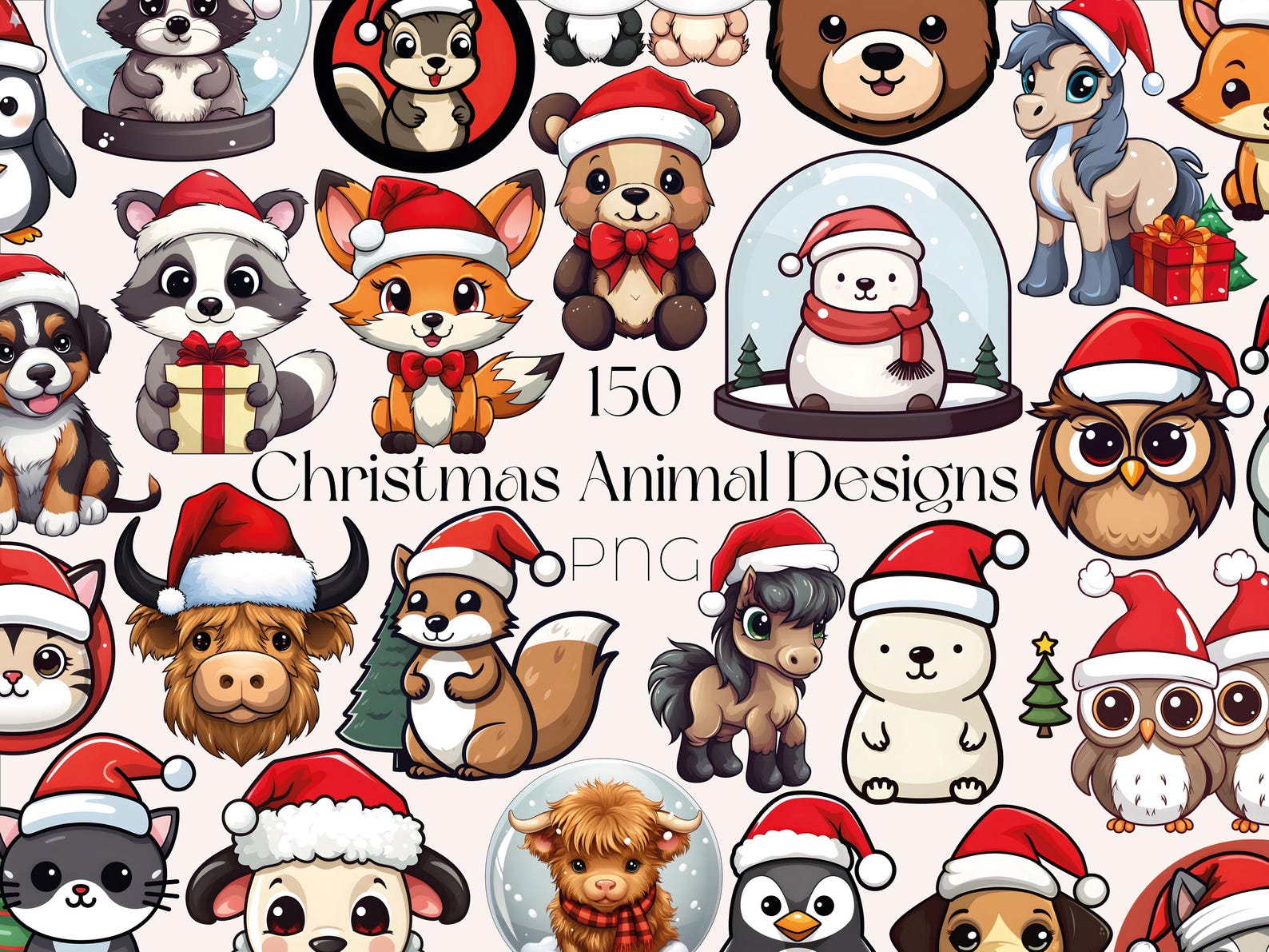 Christmas Animals Clipart Bundle: Cartoon Christmas PNG (digital ...