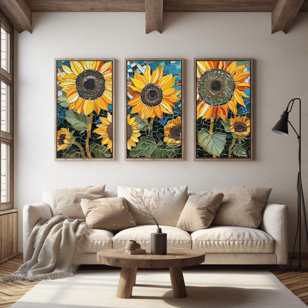 Mosaic Sunflower Triptych Wall Art Floral Mosaic Poster Three Piece ...