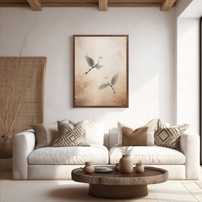 Flying Cranes Japandi Style Wall Art: Wabi Sabi Bird Print (digital ...