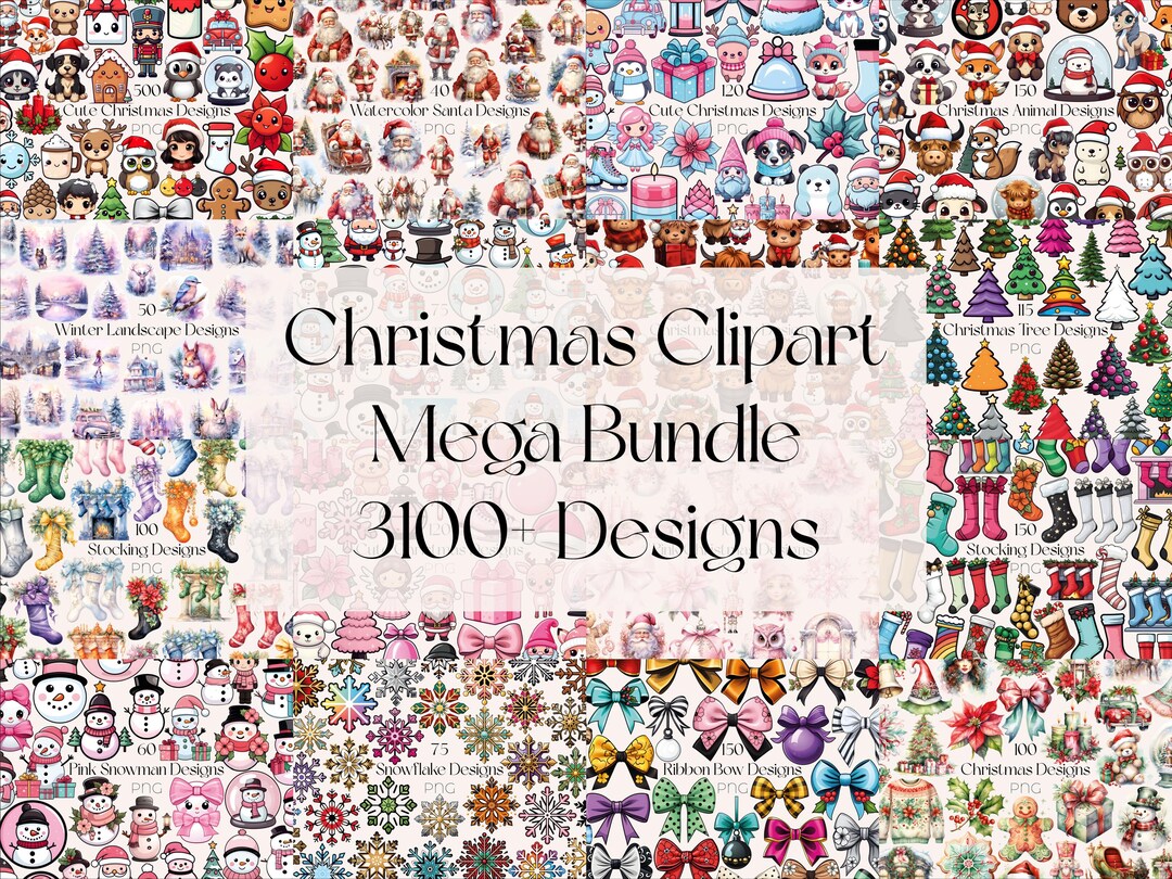 Cute Christmas Clipart Mega Bundle Watercolor Kawaii Christmas Clipart ...