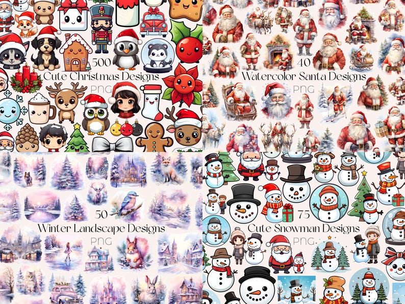 Cute Christmas Clipart Mega Bundle Watercolor Kawaii Christmas Clipart ...