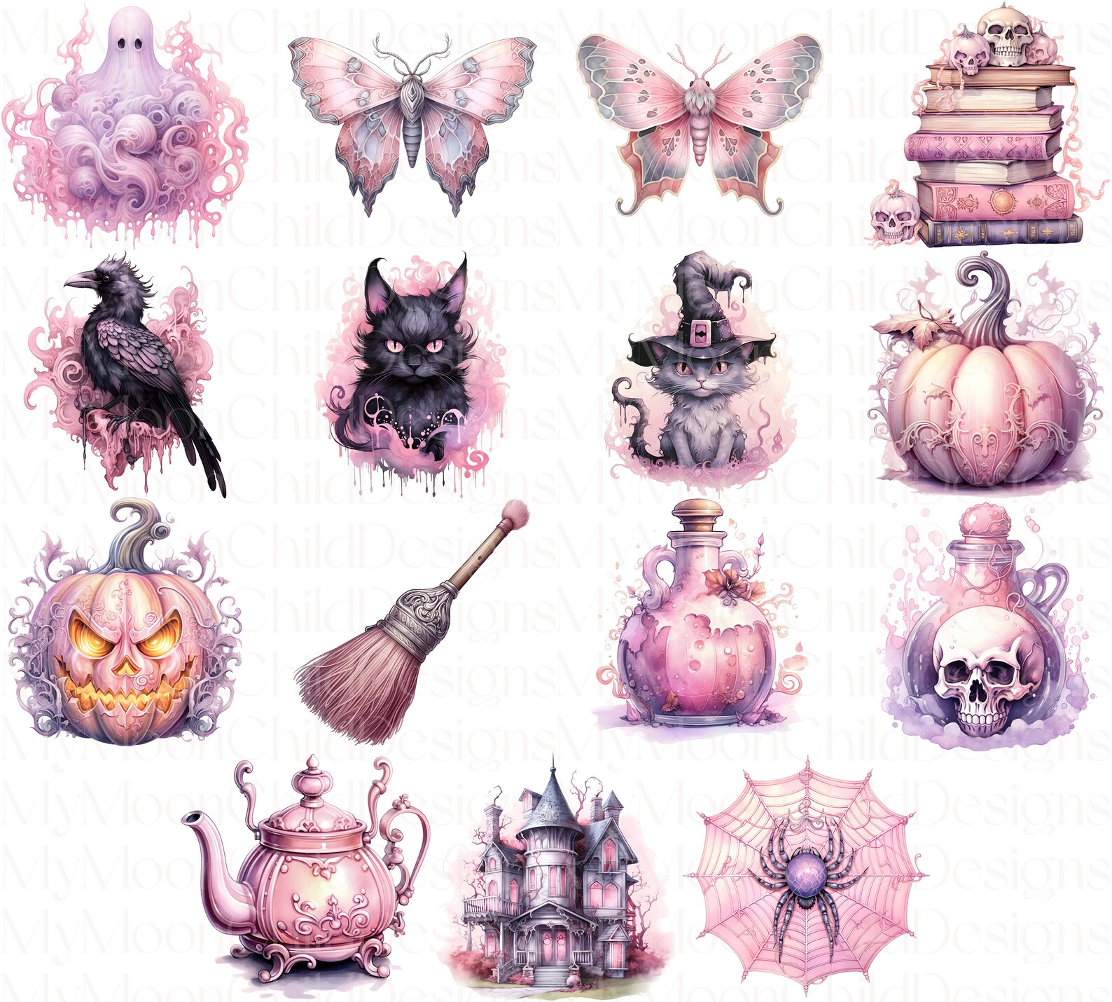 Pink Halloween Watercolor Clipart Cute Pastel Halloween PNG Cute ...