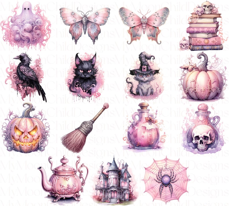 Pink Halloween Watercolor Clipart Cute Pastel Halloween PNG - Etsy