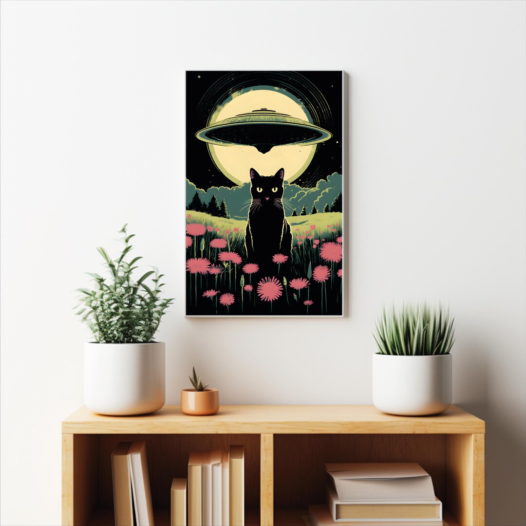 Cute Cat UFO Wall Art Pink Flying Saucer Art Print Retro UFO Poster ...