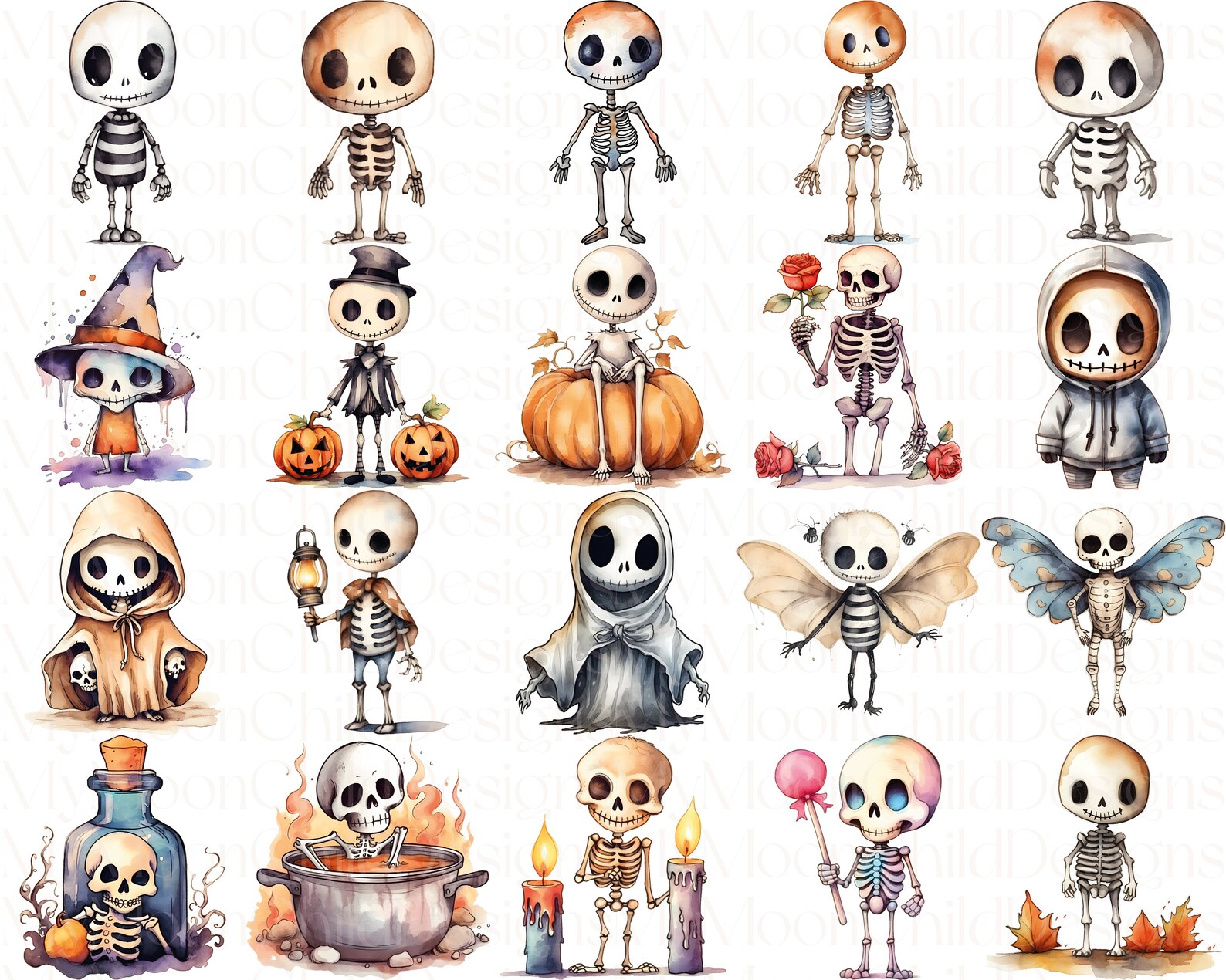 Pastel Halloween Skeleton Clipart Bundle: Watercolor Halloween PNG ...