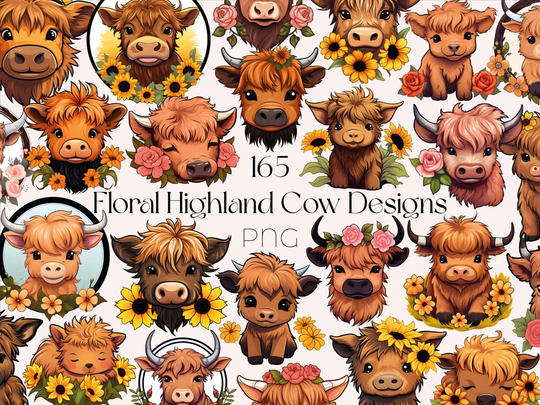 Floral Baby Highland Cow Clipart: Cow Flower PNG Bundle (digital ...