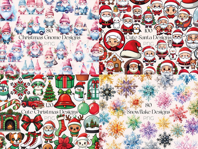 Cute Christmas Clipart Mega Bundle Watercolor Kawaii Christmas Clipart ...
