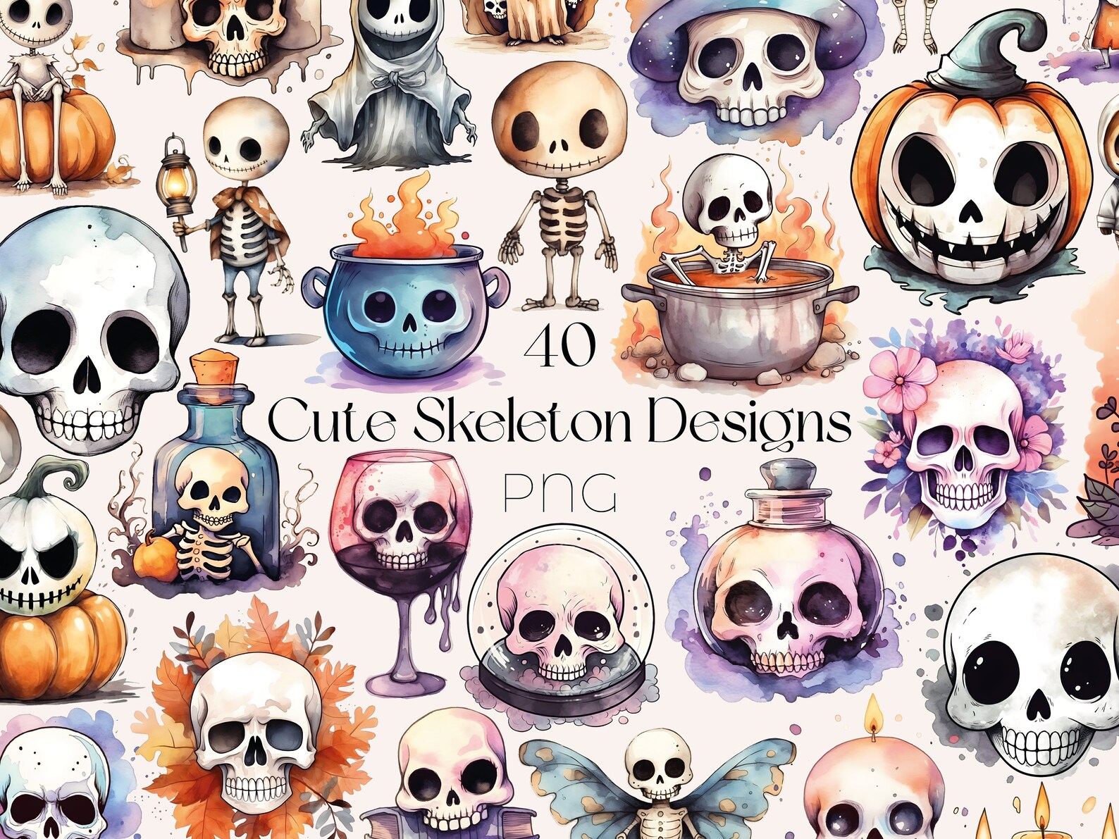 Pastel Halloween Skeleton Clipart Bundle: Watercolor Halloween PNG ...