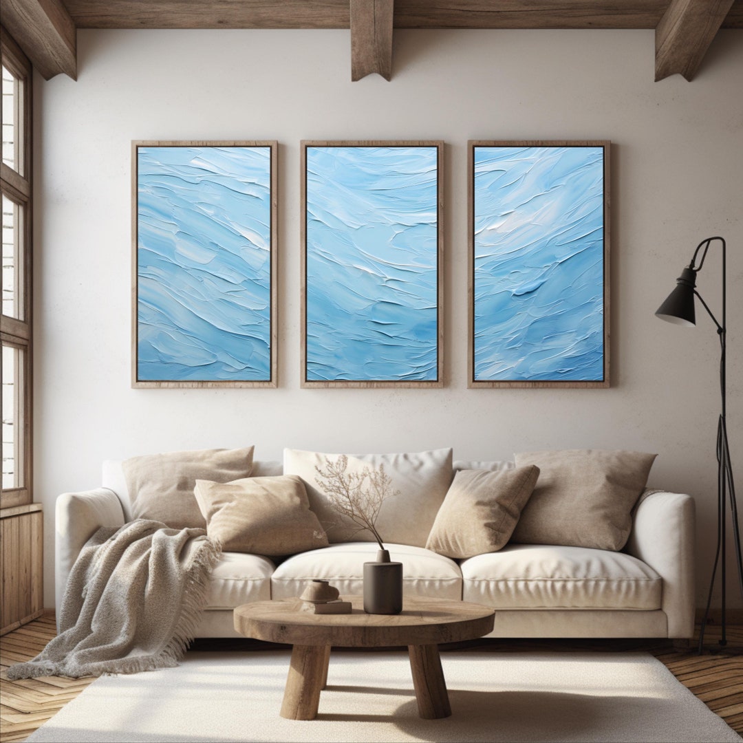 Light Blue Triptych Wall Art: Abstract Impasto Painting Printable ...