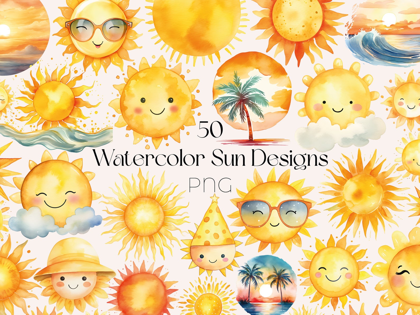 Watercolor Sun Clipart Bundle Summer PNG Nursery Clip Art Watercolor ...