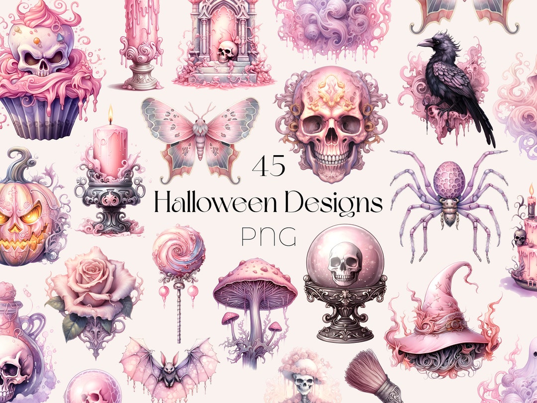 Pink Halloween Watercolor Clipart Cute Pastel Halloween PNG Cute ...