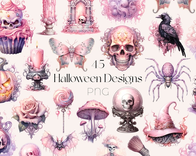 Pink Halloween Watercolor Clipart Bundle | 93 PNG Files | Cats ...