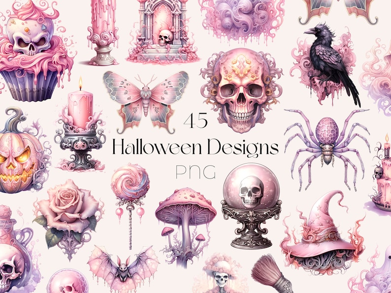 Pink Halloween Watercolor Clipart Cute Pastel Halloween PNG Cute ...