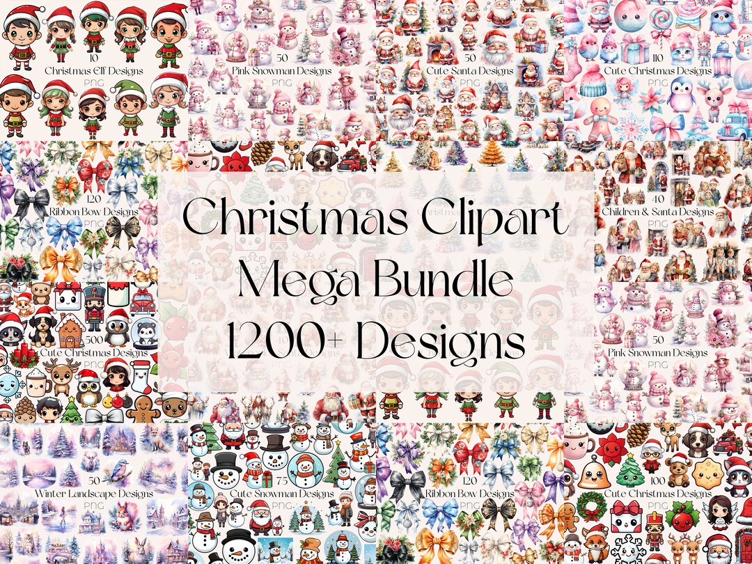 Cute Christmas Clipart Mega Bundle Watercolor Kawaii Christmas Clipart ...