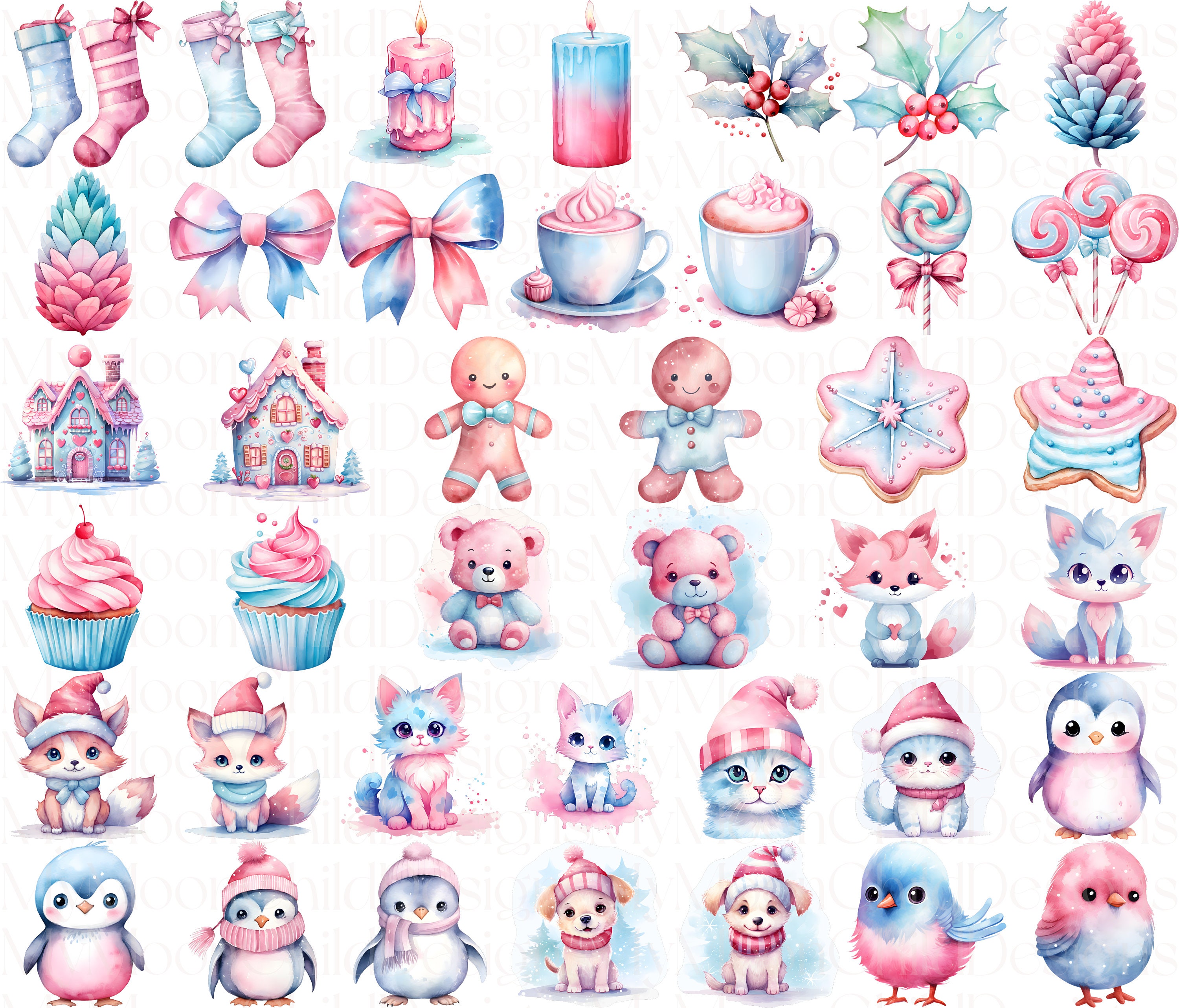 Pastel Christmas Clipart Bundle: Magenta and Crimson Christmas PNG ...