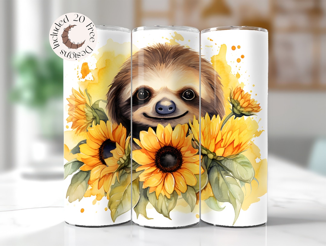 Sunflower Sloth Tumbler Wrap Floral Sloth Tumbler PNG Cute Sloth Floral ...