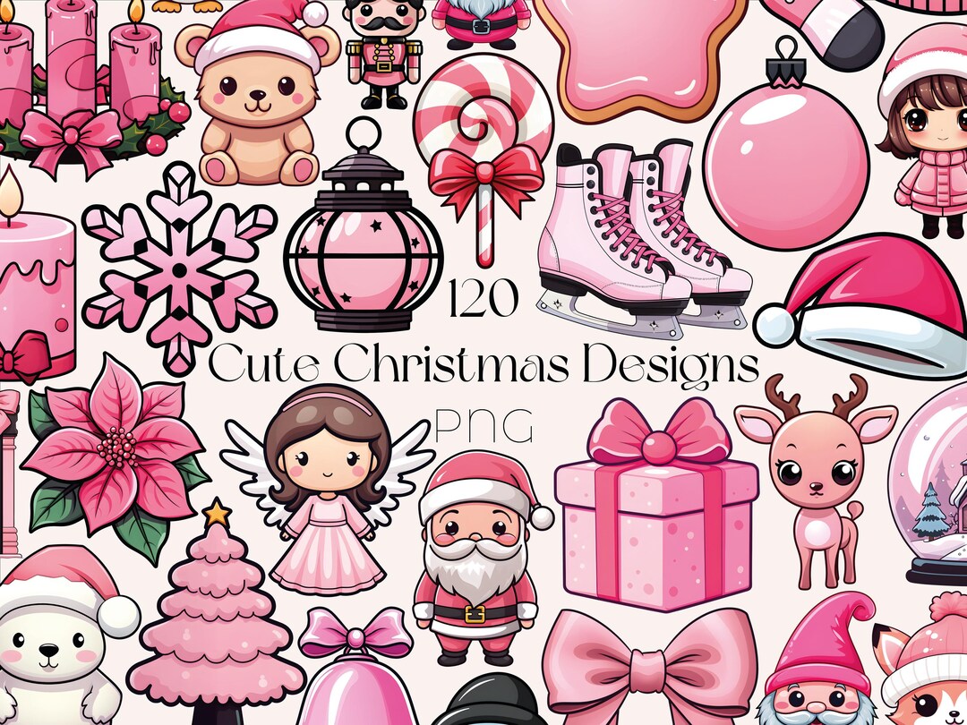 Pink Christmas Clipart PNG Cute Christmas Clipart Bundle Cute Christmas ...
