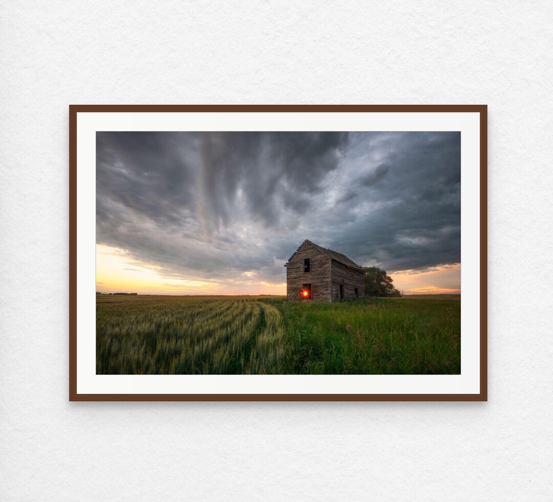 Alberta Barn Landscape Print, Rustic Prairie Barn With Stormy Sunset ...