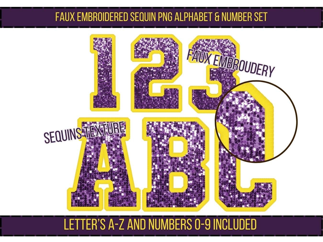 Faux Embroidered Sequin PNG Alphabet & Number Set, Purple and Gold ...