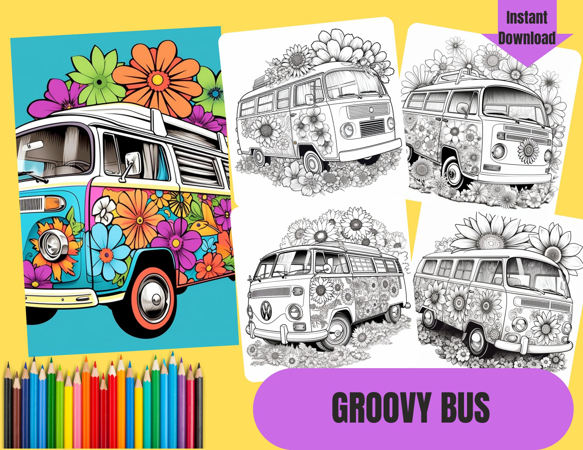 25 Groovy Bus Coloring Pages, Coloring Book, Printables - Etsy UK