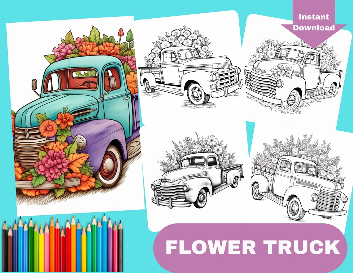 40 Flower Truck Coloring Book, Coloring Pages, Printables - Etsy