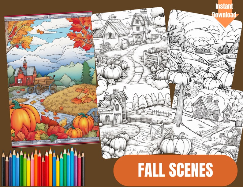 25 Fall Scenes Coloring Pages, Coloring Book, Instant Download - Etsy