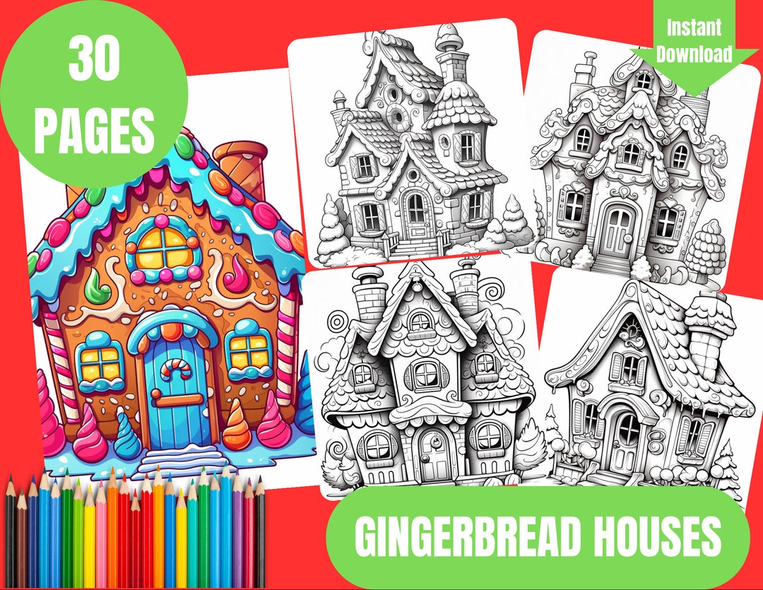 30 Gingerbread Houses Coloring Pages, Coloring Book, Instant Download ...