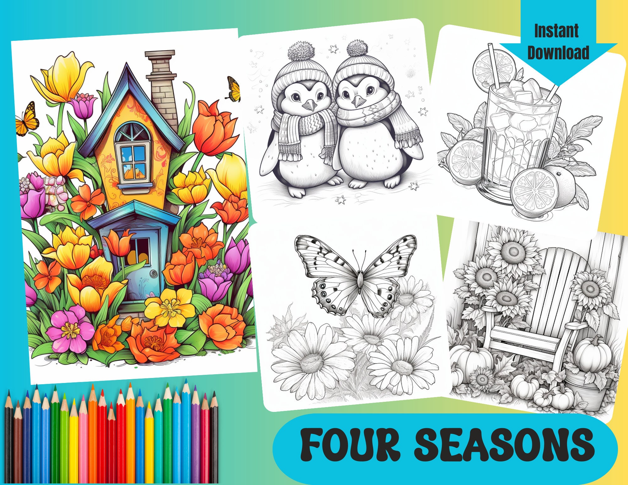 50 Four Seasons Coloring Pages, Coloring Book, Relaxation for All Ages ...