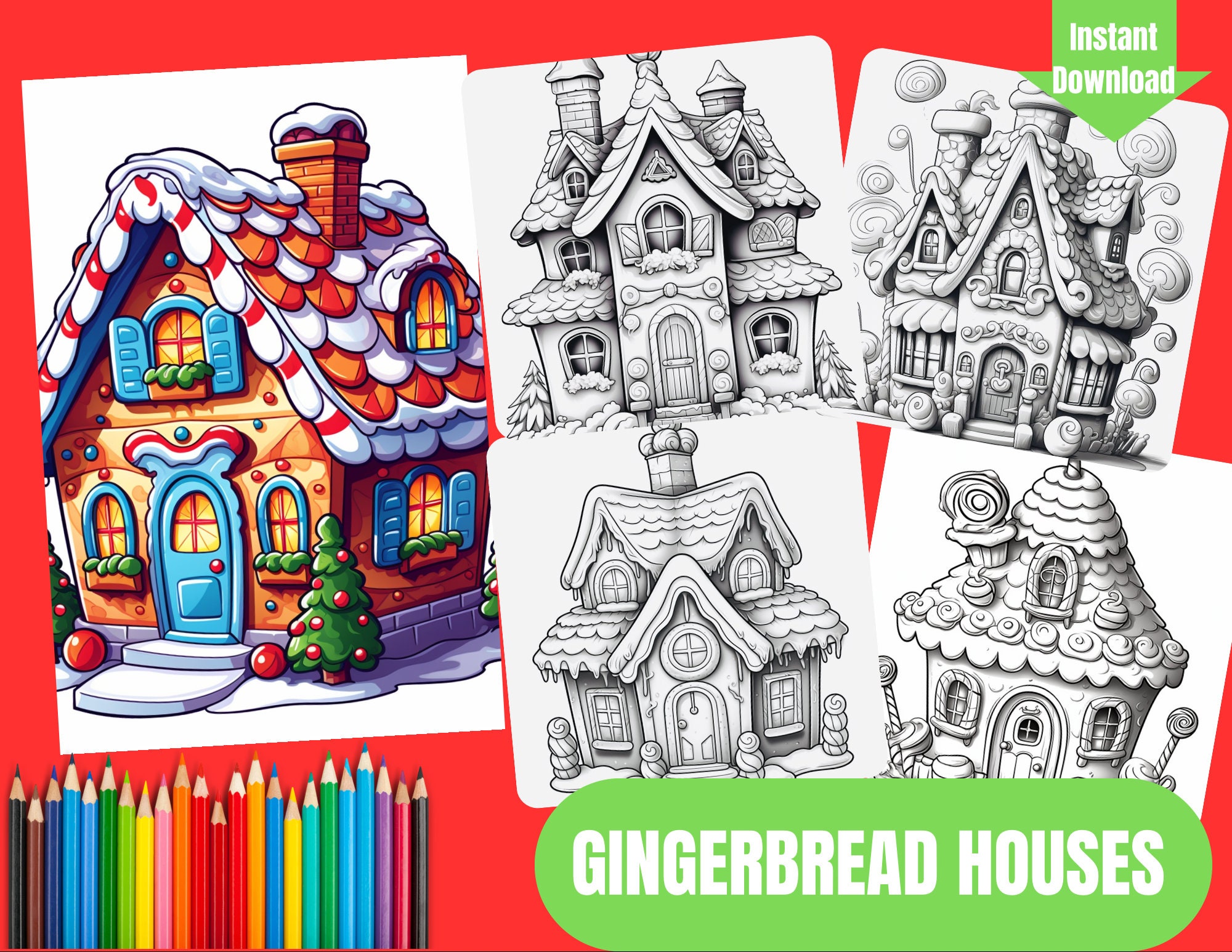 30 Gingerbread Houses Coloring Pages, Coloring Book, Instant Download ...