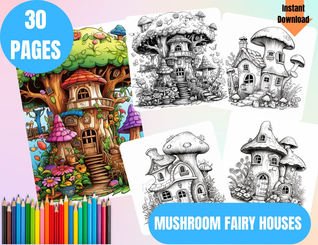 30 Mushroom Fairy Houses Coloring Pages, Coloring Book, Instant ...