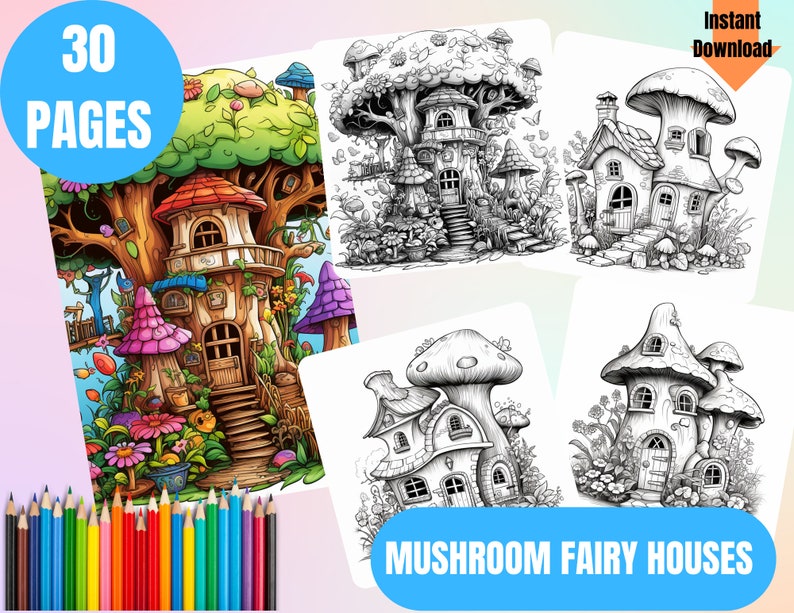 30 Mushroom Fairy Houses Coloring Pages, Coloring Book, Instant ...