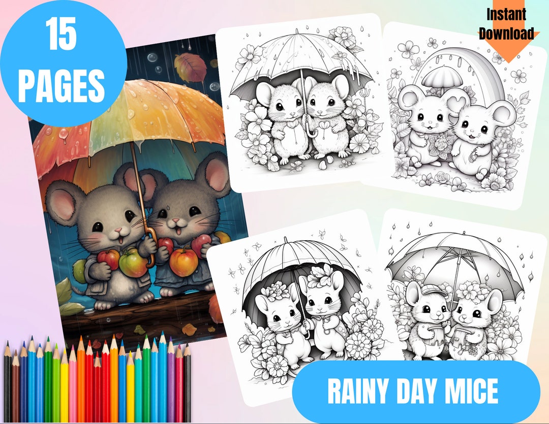 15 Rainy Day Mice Coloring Pages, Coloring Book, Instant Download - Etsy