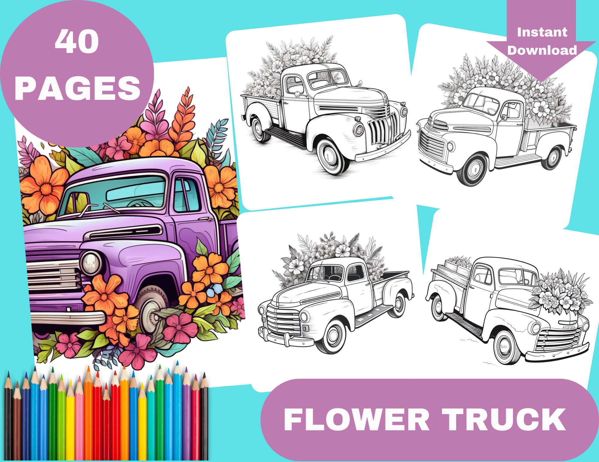 40 Flower Truck Coloring Book, Coloring Pages, Printables - Etsy