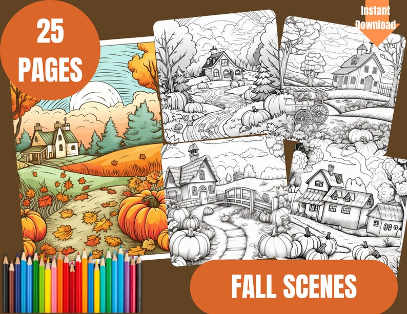 25 Fall Scenes Coloring Pages, Coloring Book, Instant Download - Etsy