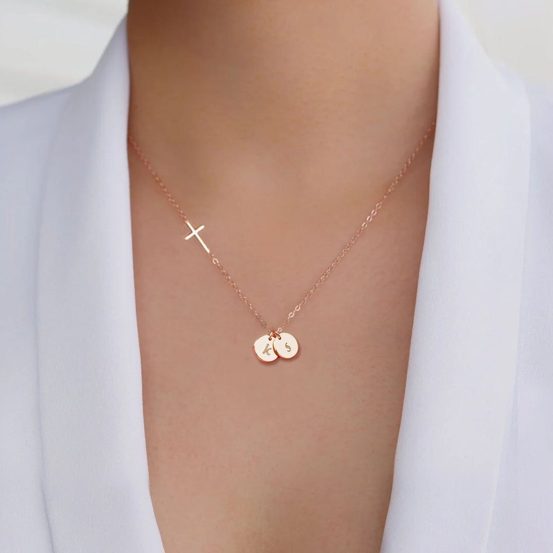 Small Initial Disc Cross Necklace - Christmas Gifts for Her Mom Sister ...