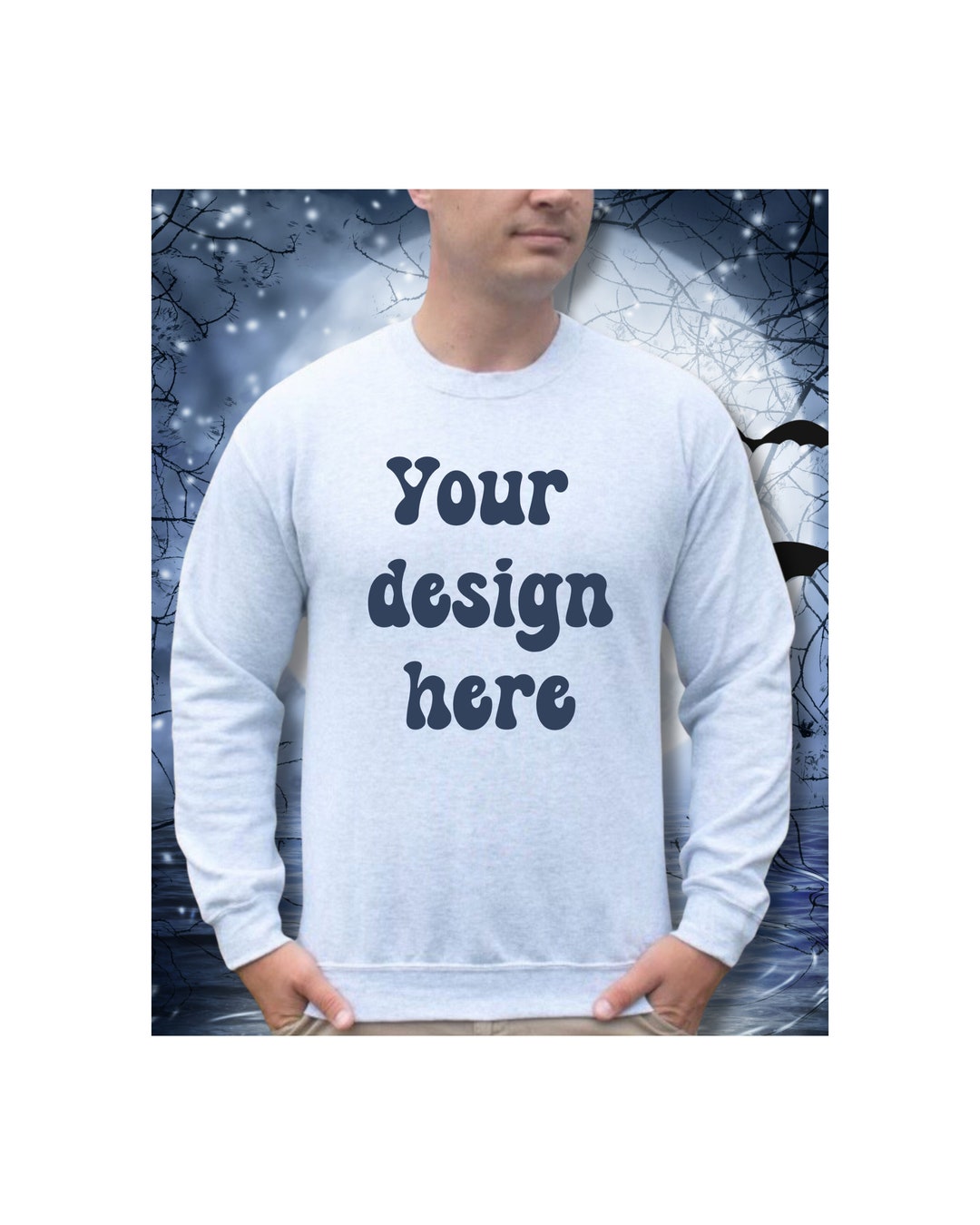 Gildan 18000 Ash Male Model Mockup, Fall Spooky Crewneck Sweatshirt ...