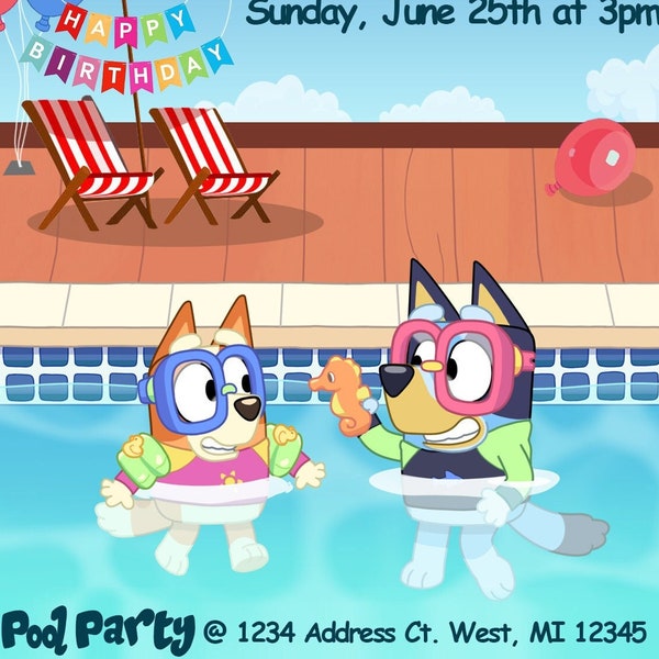 Bluey Water Pool Party Invitation - Etsy