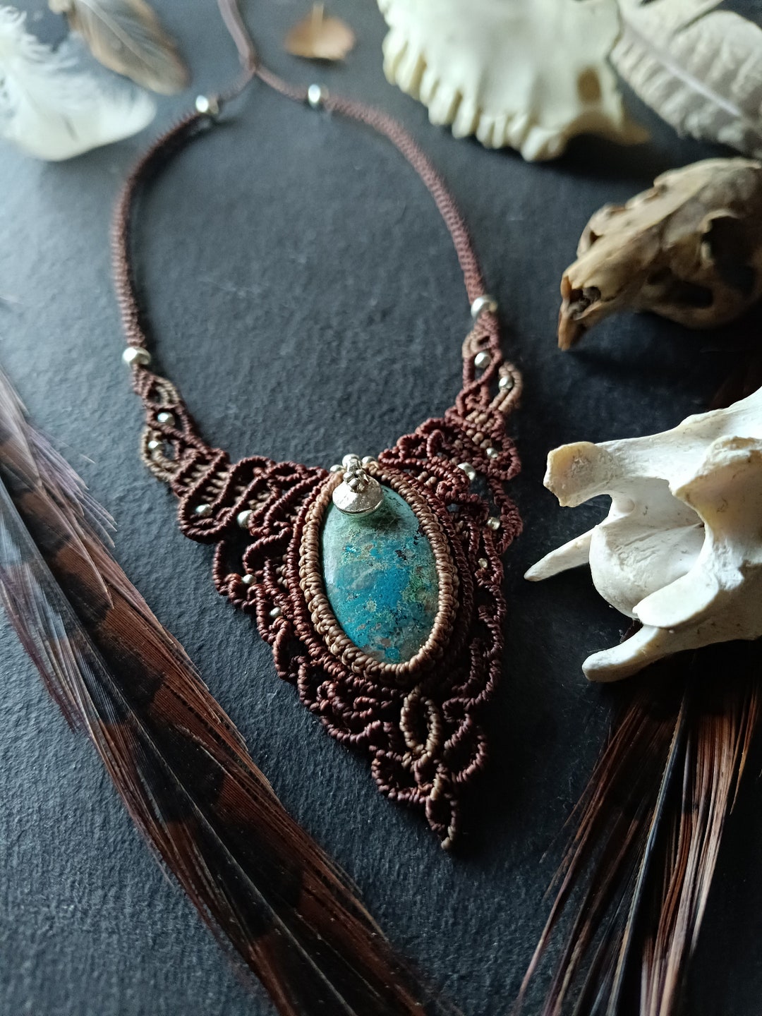 Macrame Necklace With Shattuckite Turquoise Jewelry Brown Statement ...