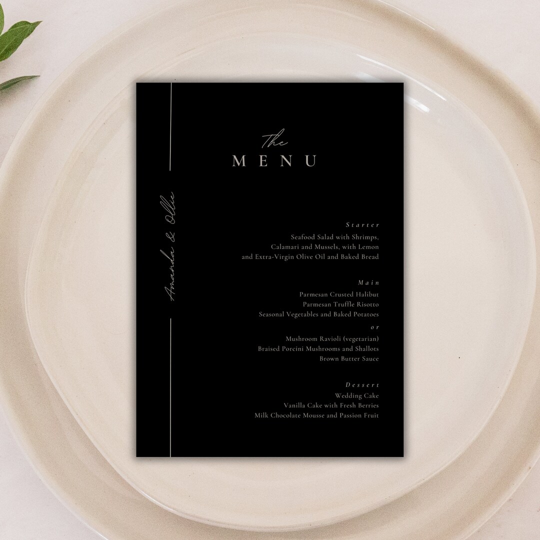 Black & Ivory Modern Minimalist Wedding Menu Editable Template ...