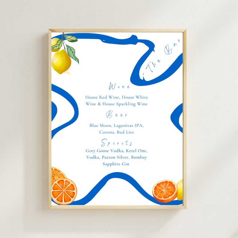 Watercolor Citrus Italian Inspired Bar Sign for Weddings/events ...