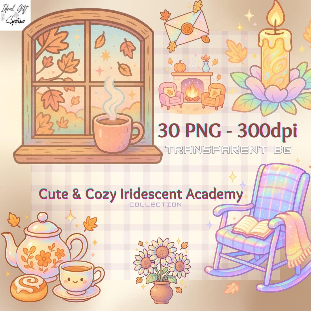 Cozy Fall Clipart Set: Iridescent Academy PNG Graphics (30 Pieces ...