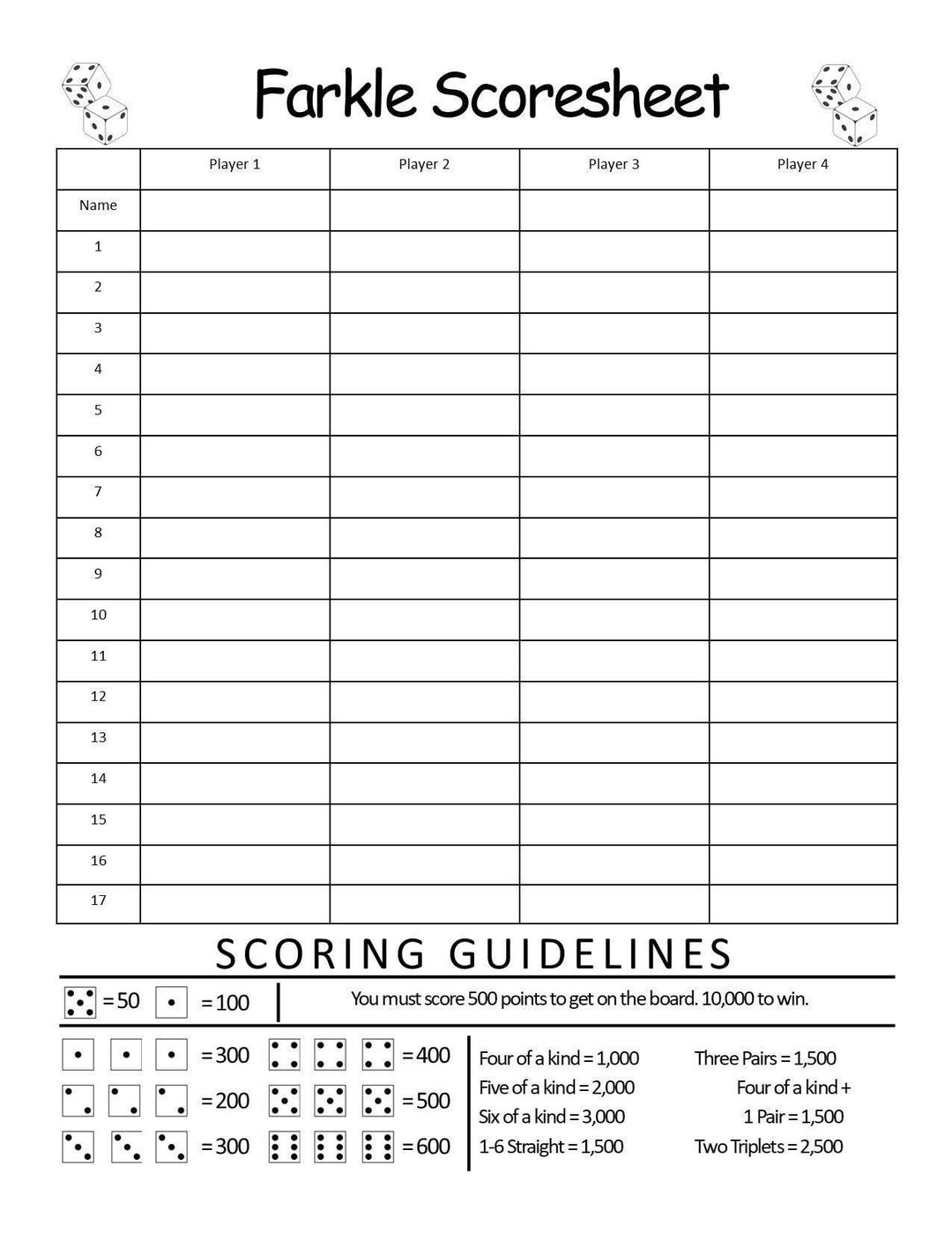 Farkle Dice Board Game Score Sheet, Family Game Night - PDF and PNG ...